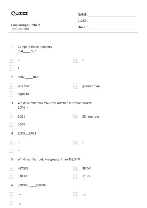 50 Comparing Three Digit Numbers Worksheets For 4th Grade On Quizizz