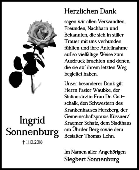 Traueranzeigen Von Ingrid Sonnenburg Harztrauer De