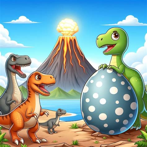 Dyno Egg Cartoon Near Volcano Mountain With Dynosaures Cartoon Images