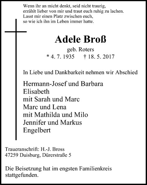 Traueranzeigen Von Adele Broß Trauer In Nrw De