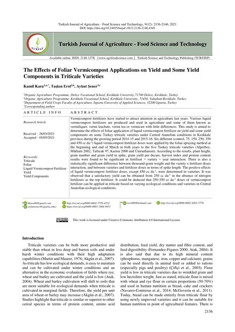 Pdf The Effects Of Foliar Vermicompost Applications On Yield And Some