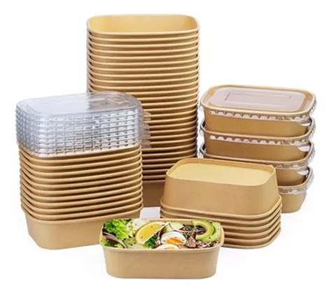 50 Bowls Biodegradables Rectangular 500ml Con Tapa Kraft Mercadolibre