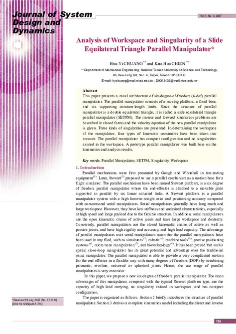 Pdf Analysis Of Workspace And Singularity Of A Slide Equilateral Triangle Parallel Manipulator