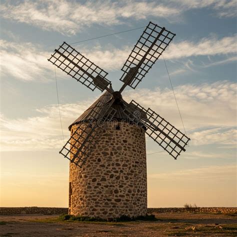 A Stone Windmill With Tall Cylindrical Construction Featuring A