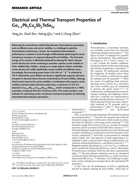 Electrical And Thermal Transport Properties Of Ge1xpbxcuysbytese2y