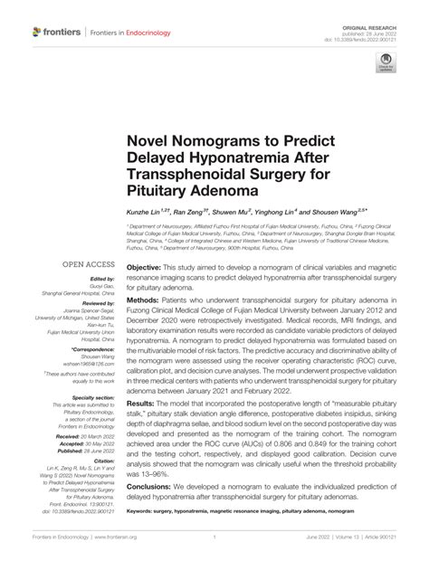 Pdf Novel Nomograms To Predict Delayed Hyponatremia After Transsphenoidal Surgery For