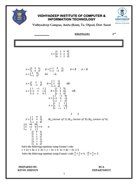 Assignment 1 And 2 Pdf Matrix Mathematics Determinant