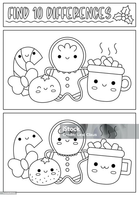 크리스마스 흑백은 아이들을위한 차이점 게임을 찾습니다 귀여운 간식 사탕 진저 브레드와 함께주의 기술 활동 아이들을위한 새해 라인