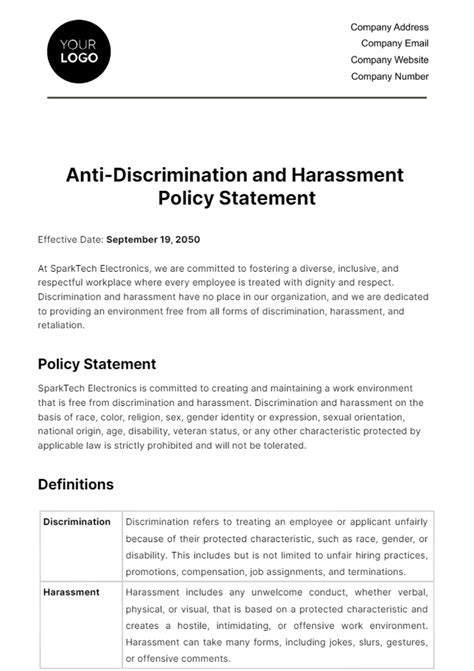Free Anti Discrimination And Harassment Policy Statement Hr Template To Edit Online