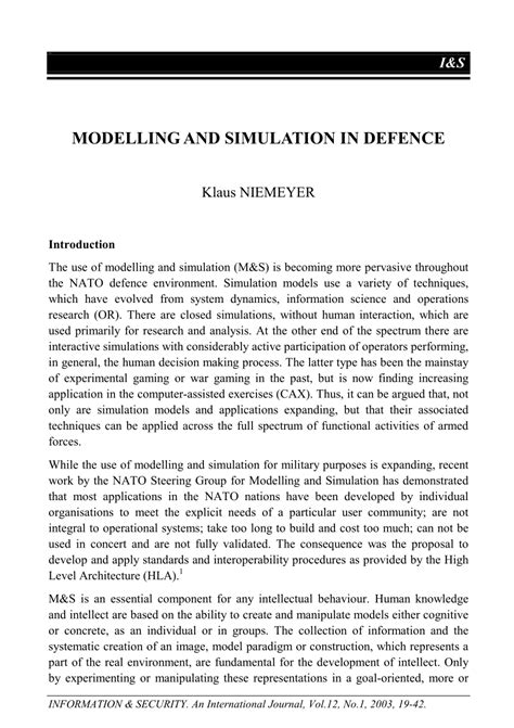 Pdf Modeling And Simulation In Defense