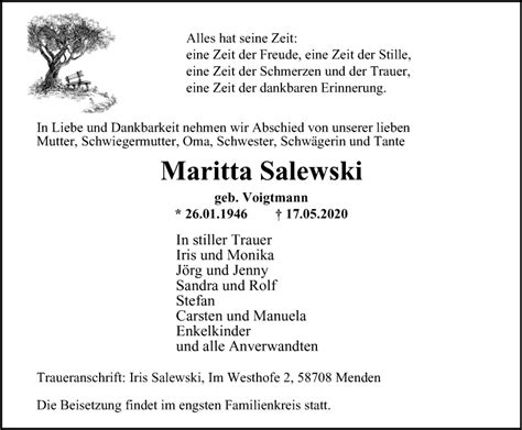 Traueranzeigen Von Maritta Salewski Trauer In Nrwde