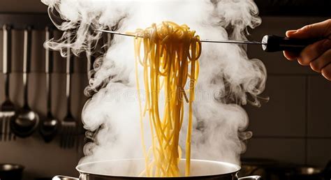 Spaghetti Noodles Drained Over Steaming Pot In Professional Kitchen