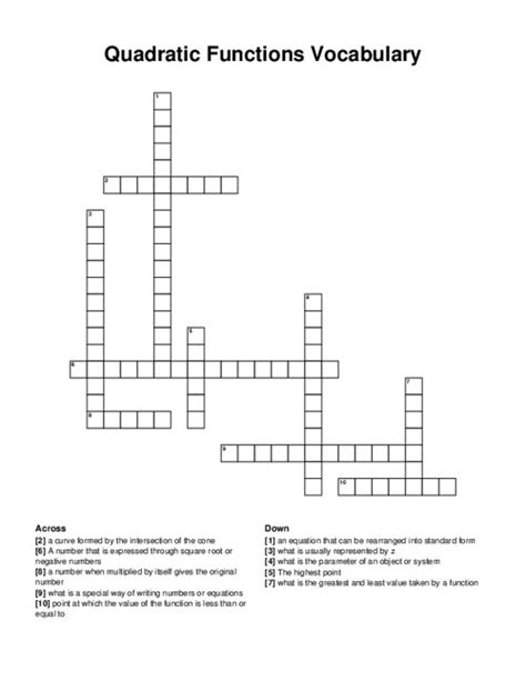 Quadratic Functions Vocabulary Crossword Puzzle