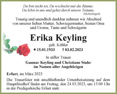Traueranzeigen Von Erika Keyling Trauer In Thueringende