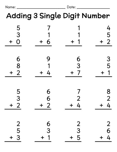 80 Adding 3 Single Digit Number Sums Addition Sums With Numbers 0 9 Preschool 2nd Grade Math