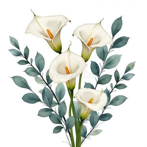 Watercolor White Calla Lilies Eucalyptus Leaves Form Beautiful Bouquet Floral Arrangement With