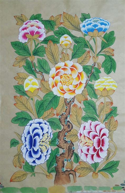 꽃작업에 있는 진선 최님의 핀 꽃그림 민화 모란 그림