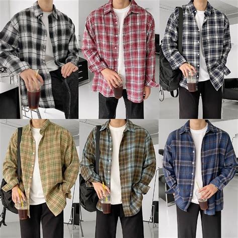 남성 오버핏 체크 긴팔 셔츠 에이블리