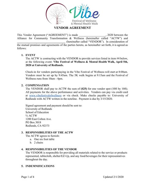 Free Printable Vendor Contract Templates Word Agreements