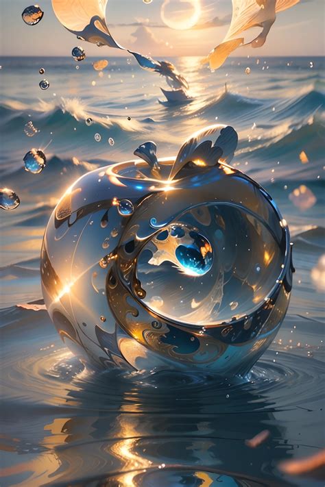 태양을 배경으로 물 위에 떠 있는 유리 공이 있습니다 Seaart Ai