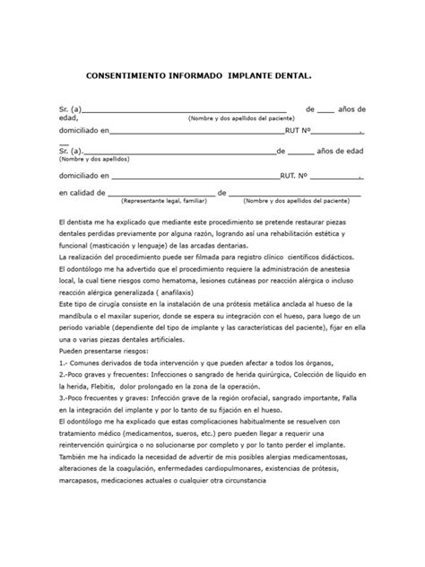 Consentimiento Implante Dental Pdf Odontología Consentimiento