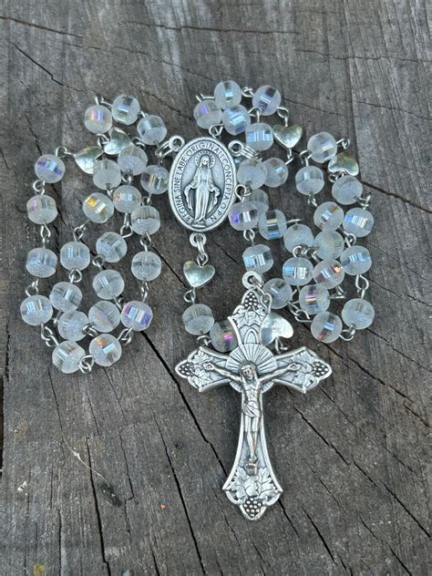 Handmade Frosted Glass Catholic Rosary Miraculous Mary Centerpiece Etsy