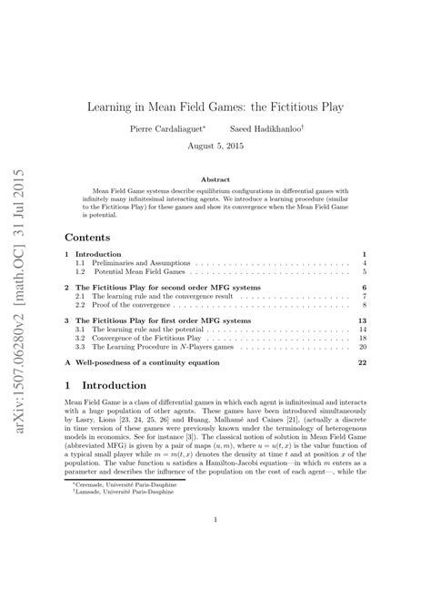 Pdf Learning In Mean Field Games The Fictitious Play