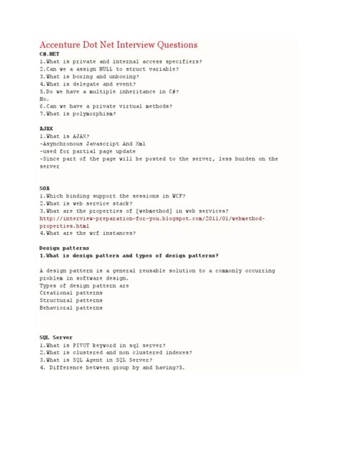Accenture Dot Net Interview Questions Pdf C Sharp Programming