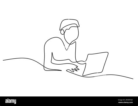 one continuous single line of man typing on laptop isolated on white