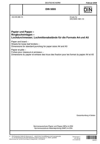 DIN 5005:2008 DE - Papier und Pappe - Ringbucheinlagen ...