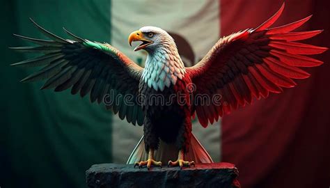Majestic Eagle Wings Spread Wide Against Mexican Flag Stock