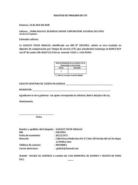 Carta De Traslado Cts Del Empleado Al Empleador Pdf Negocios