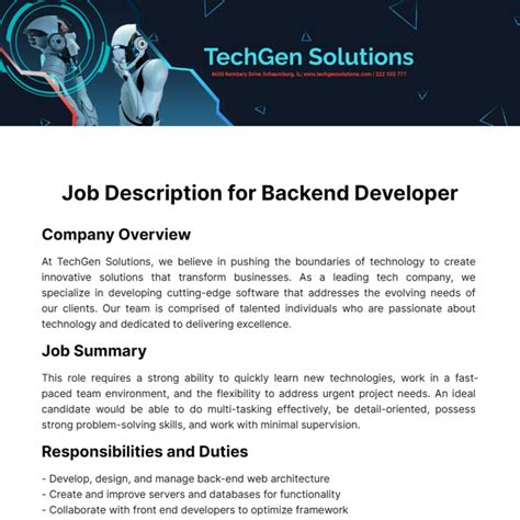 Free Job Description For Backend Developer Template To Edit Online