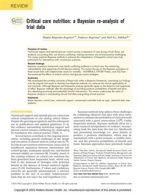 Critical Care Nutrition A Bayesian Re Analysis Of Trial Data Natal Pdf Bayesian Inference
