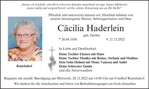 Cäcilia Haderlein Traueranzeige Franken De