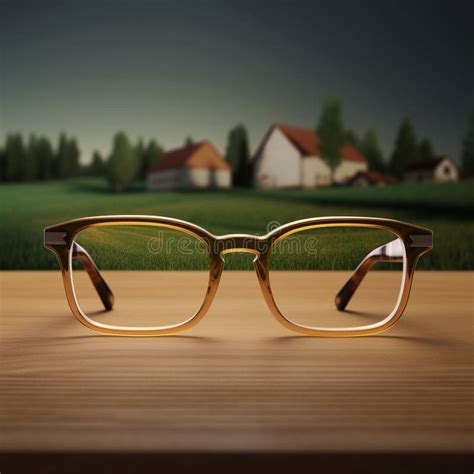 Realistic Glasses On Table With Suburban Landscape In Background Stock
