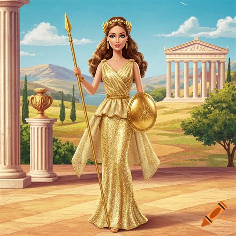 Barbie Doll As Athena In Golden Dress With Spear And Shield In Ancient