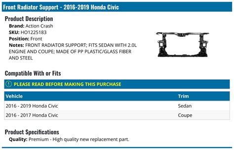 2016 2019 Honda Civic Radiator Support Action Crash Ho1225183