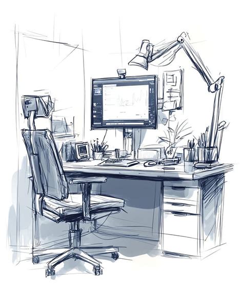 Sleek Desk Setup With A Monitor And Ergonomic Chair For Productive Work Stock Illustration