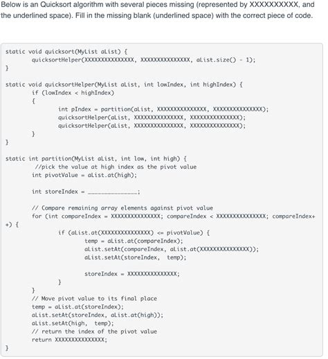 Below Is An Quicksort Algorithm With Several Pieces Chegg