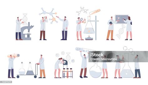 장비를 다루는 실험실 과학자 화학자 실험실 플랫 클리닉 과학 전문가 생물학자 경험 킥 의료 벡터 캐릭터 실험실에 대한 스톡 벡터