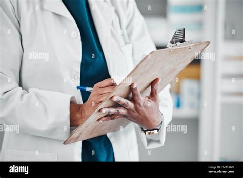 Pharmacy Inventory And Hands Of Woman With Clipboard For Checklist