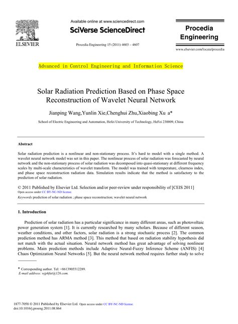 Pdf Solar Radiation Prediction Based On Phase Space Reconstruction Of Wavelet Neural Network