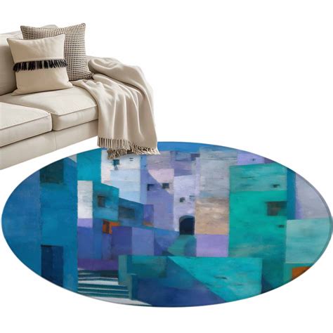 Abstract Blue Round Area Rugs Collection 4 Painting Buildings
