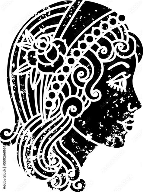 Poster Tattoo In Black Outline Style Of A Gypsy Head Muurposter