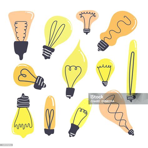 귀여운 복고풍 전구 세트 손으로 그린 플랫 일러스트 보육 또는 스칸디나비아 간단한 디자인의 요소 아이디어 에너지 및 창조의 상징 0명에 대한 스톡 벡터 아트 및 기타 이미지