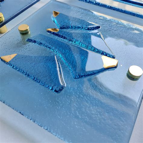 Set Of 6 Artistic Blue Fused Glass Wall Art Panels With Gold Gold Det