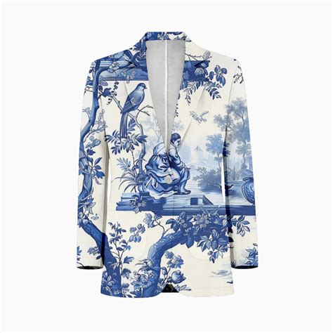 Blue Chinoiserie Toile Pattern Bird Tree Customized Mens Suits Full