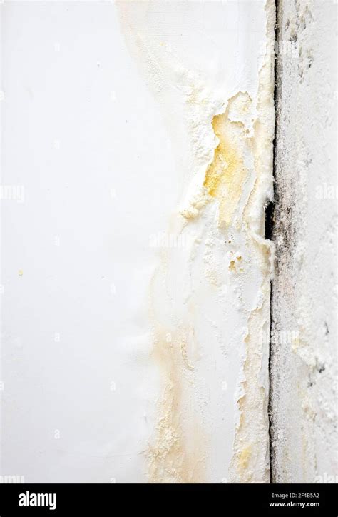 Drywall Water Damage Close Up Of White Plaster Board Wall Section
