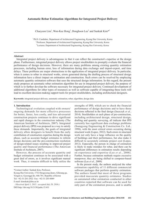 pdf automatic rebar estimation algorithms for integrated project delivery
